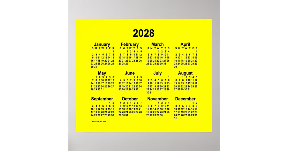 2028 Yellow Calendar by Janz Print | Zazzle