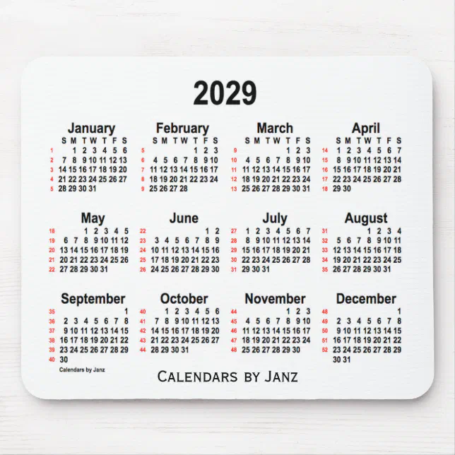 2029 White 52 Weeks Calendar by Janz Mouse Pad | Zazzle