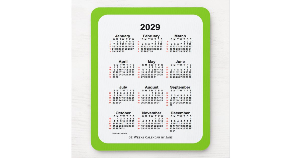 2029 Yellow Green 52 Week Calendar by Janz Mouse Pad | Zazzle
