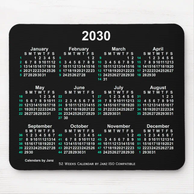 2030 Neon White 52 Weeks ISO Calendar by Janz Mouse Pad | Zazzle