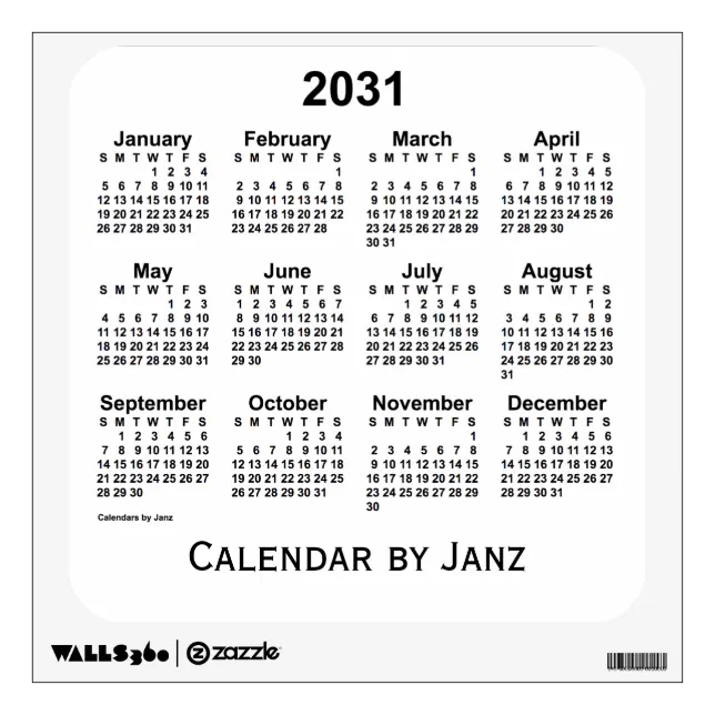 2031 White Calendar by Janz Wall Decal | Zazzle