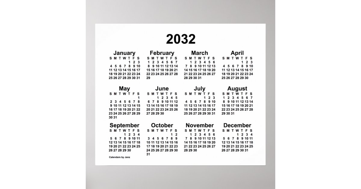 2032 White Calendar by Janz Print | Zazzle