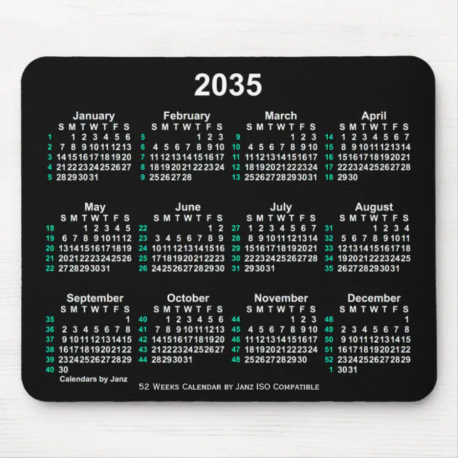 2035 Neon White 52 Weeks ISO Calendar by Janz Mouse Pad | Zazzle