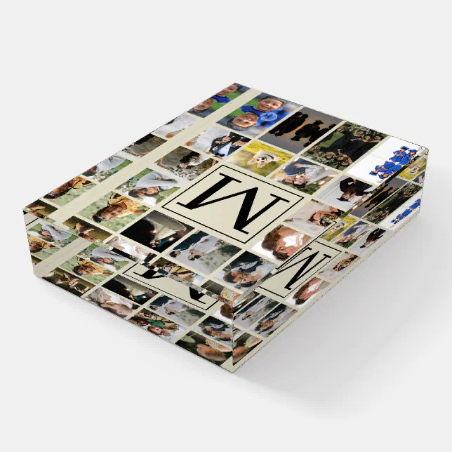 20 photo collage Black Biege Pattern Family Paperweight | Zazzle