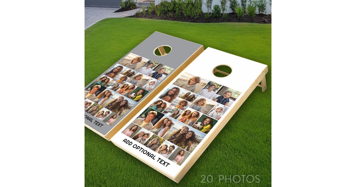 20 Photo Collage - Custom Text - Black and White Cornhole Set | Zazzle