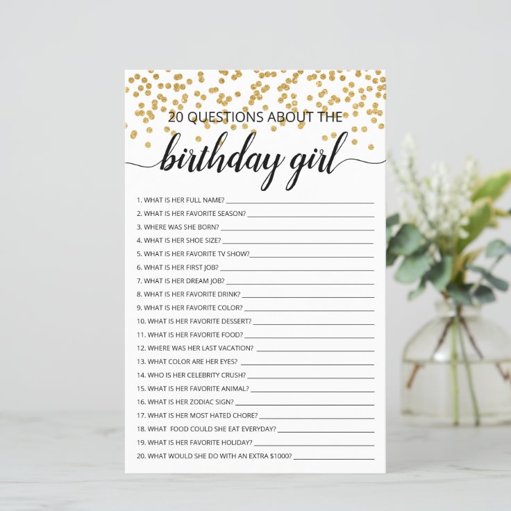 20 Questions about the Birthday Girl Birthday game | Zazzle