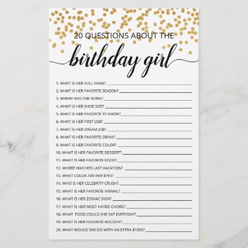 20 Questions about the Birthday Girl Birthday game | Zazzle