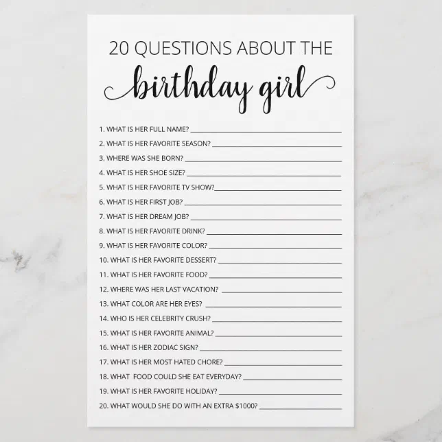 20 Questions about the Birthday Girl Birthday game | Zazzle