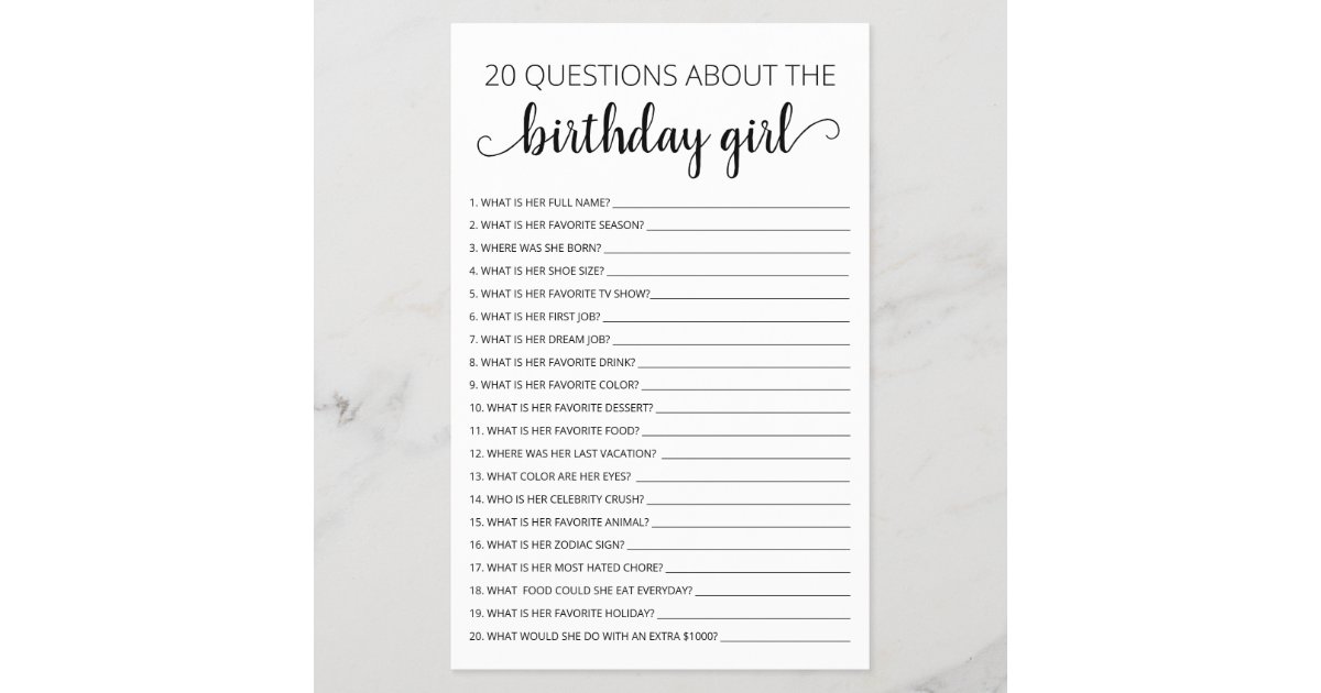 20 Questions about the Birthday Girl Birthday game | Zazzle