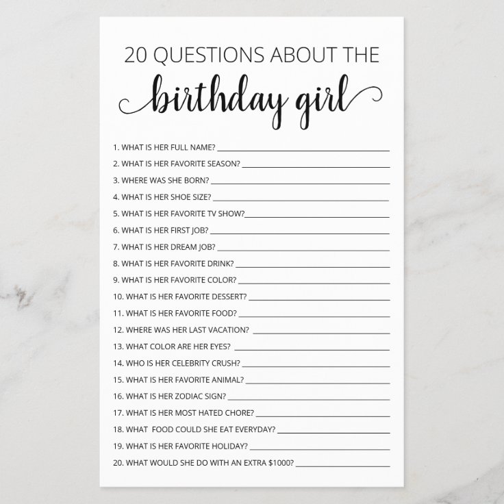 20 Questions about the Birthday Girl Birthday game | Zazzle