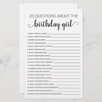 20 Questions about the Birthday Girl Birthday game | Zazzle