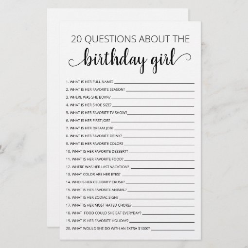 20 Questions about the Birthday Girl Birthday game | Zazzle