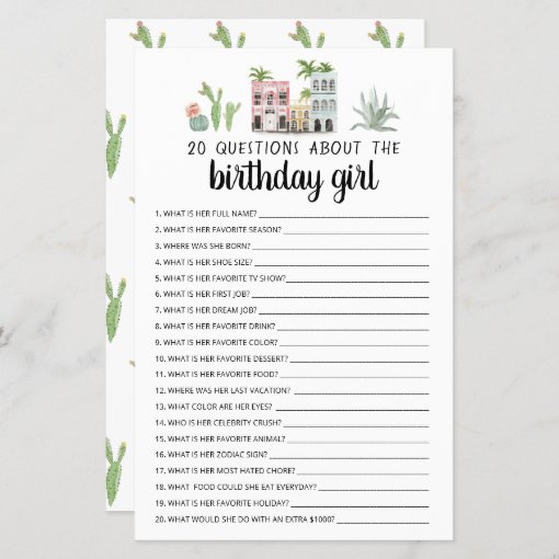 20 Questions About The Birthday Girl Editable Game | Zazzle