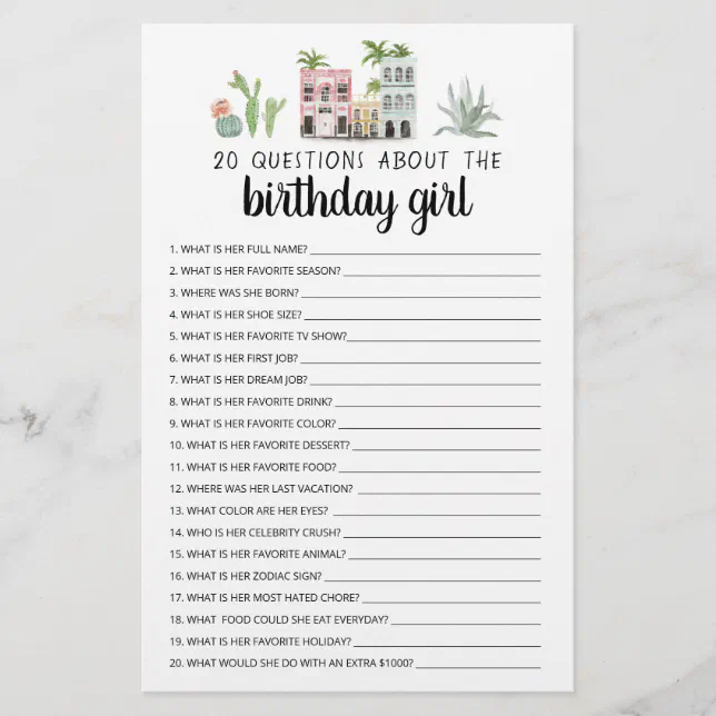 20 Questions About The Birthday Girl Editable Game | Zazzle