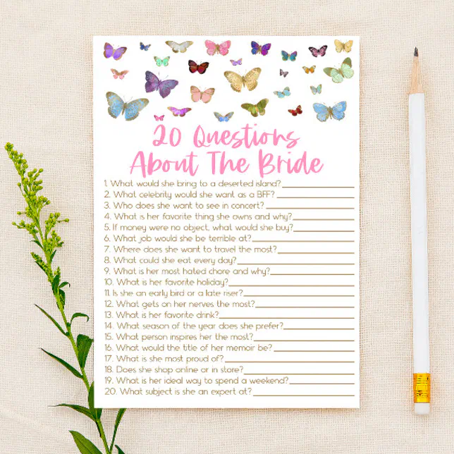 20 Questions About The Bride Bridal Shower Game Stationery | Zazzle