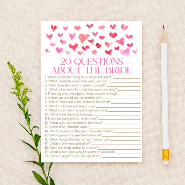 20 Questions About The Bride Bridal Shower Game Stationery | Zazzle