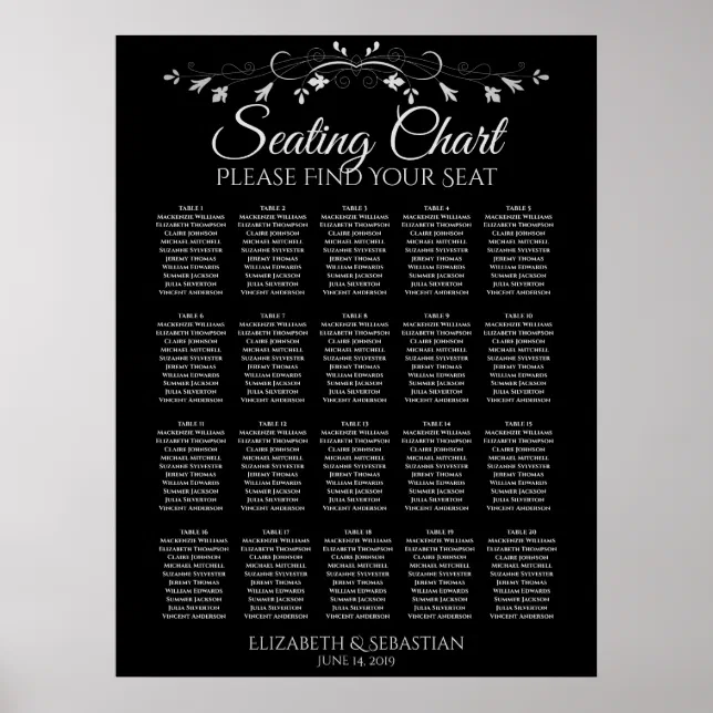 20 Table Elegant Black Wedding Seating Chart | Zazzle