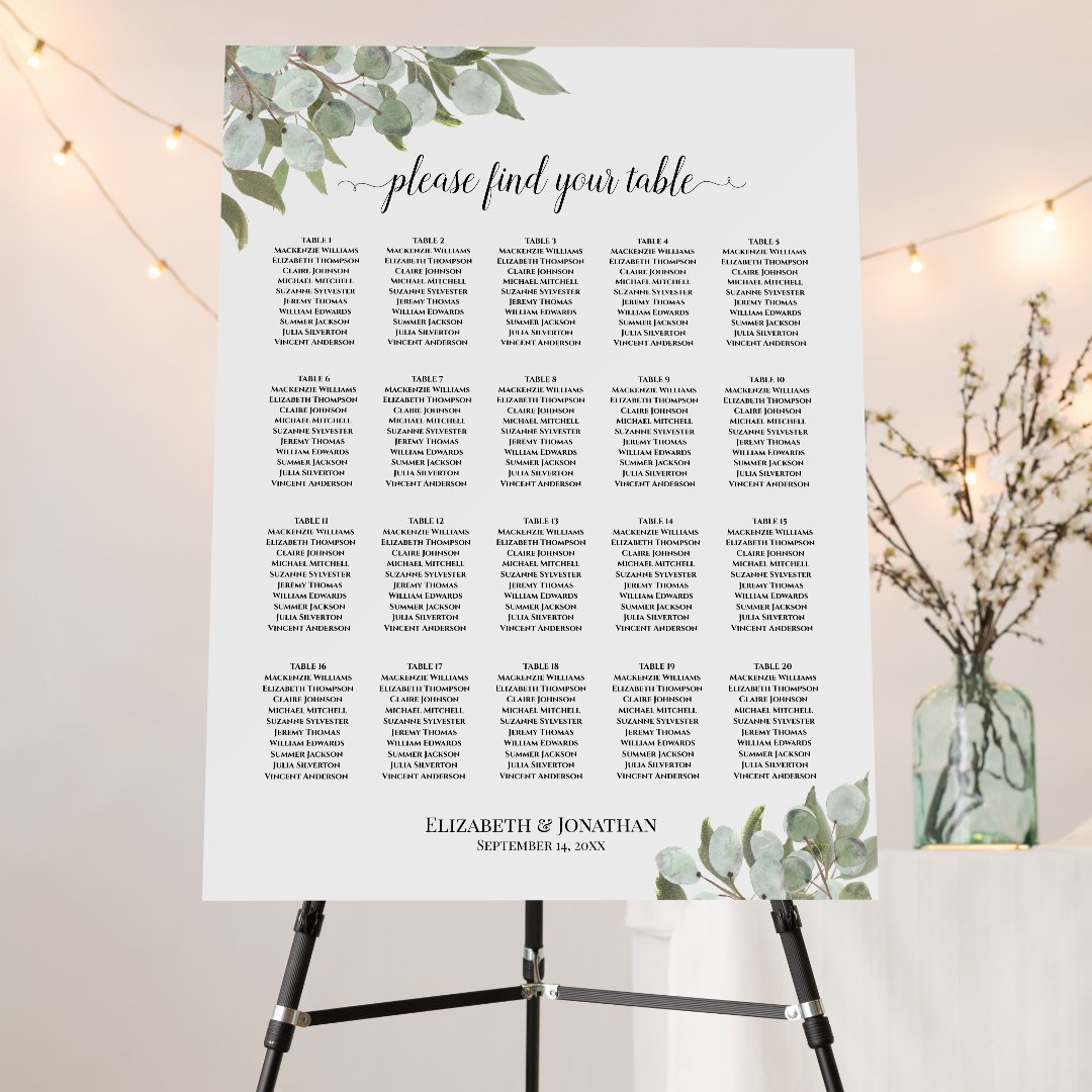 20 Table Eucalyptus Greenery Wedding Seating Chart Foam Board | Zazzle