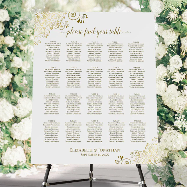 20 Table Fancy Gold & White Wedding Seating Chart Foam Board | Zazzle