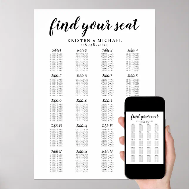20 Table Large Wedding Guest Seating Chart | Zazzle