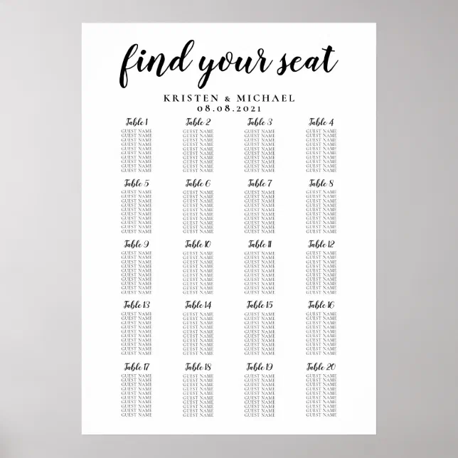 20 Table Large Wedding Guest Seating Chart | Zazzle