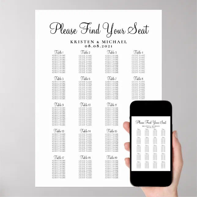 20 Table Large Wedding Guest Seating Chart | Zazzle