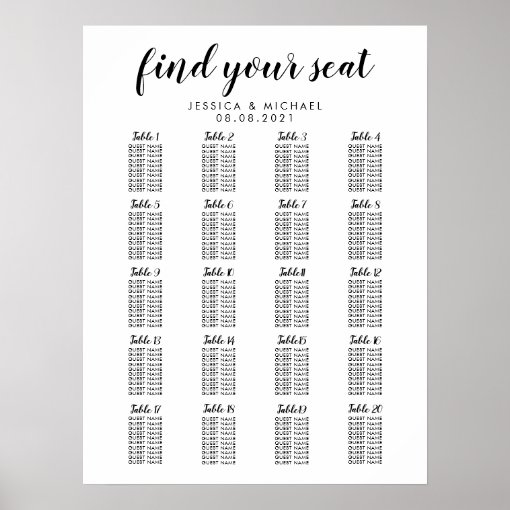 20 Table Large Wedding Guest Seating Chart | Zazzle