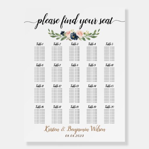 20 Table Large Wedding Guest Seating Chart Foam Board | Zazzle