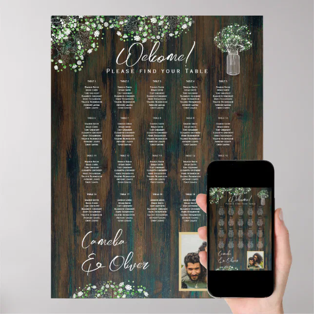 20 Table Rustic Wood Gypsophila PHOTO SEATING Foam Poster | Zazzle
