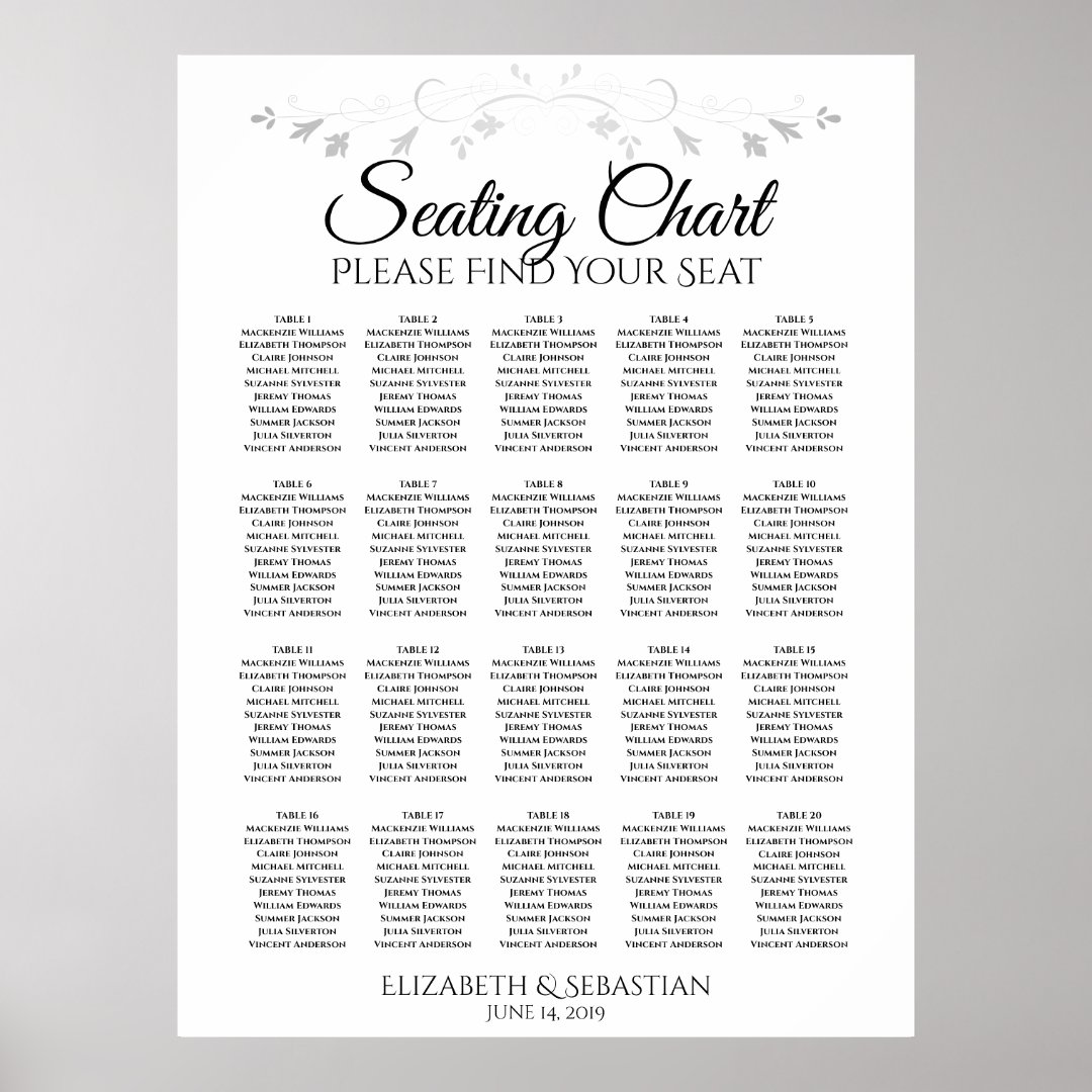 20 Table Simple Elegant Wedding Seating Chart | Zazzle