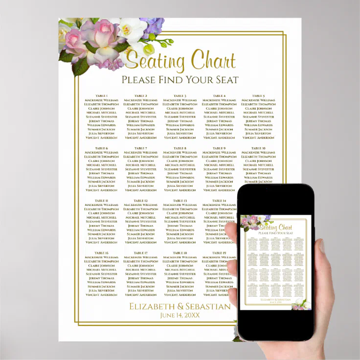 20 Table Spring Floral Wedding Seating Chart | Zazzle