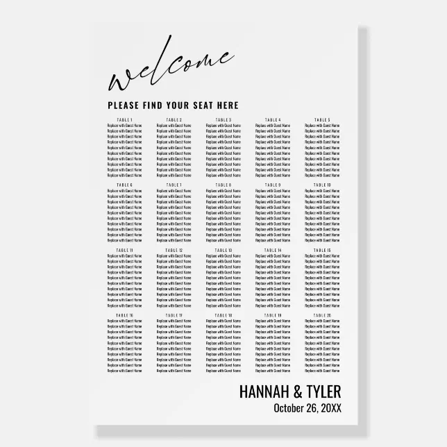 20 Tables Wedding Reception BW Seating Chart Foam Board | Zazzle