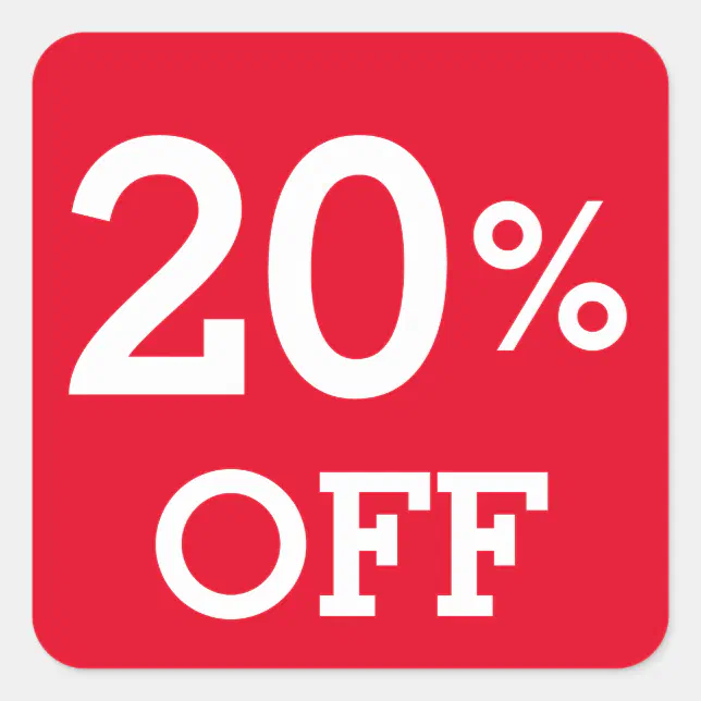 20% Twenty Percent OFF discount sale white red Square Sticker | Zazzle