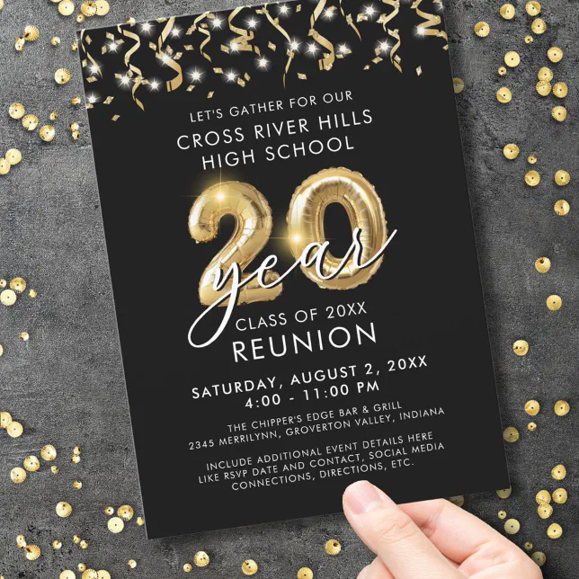 20 Year Class Reunion Black Gold Balloon Streamers Invitation | Zazzle