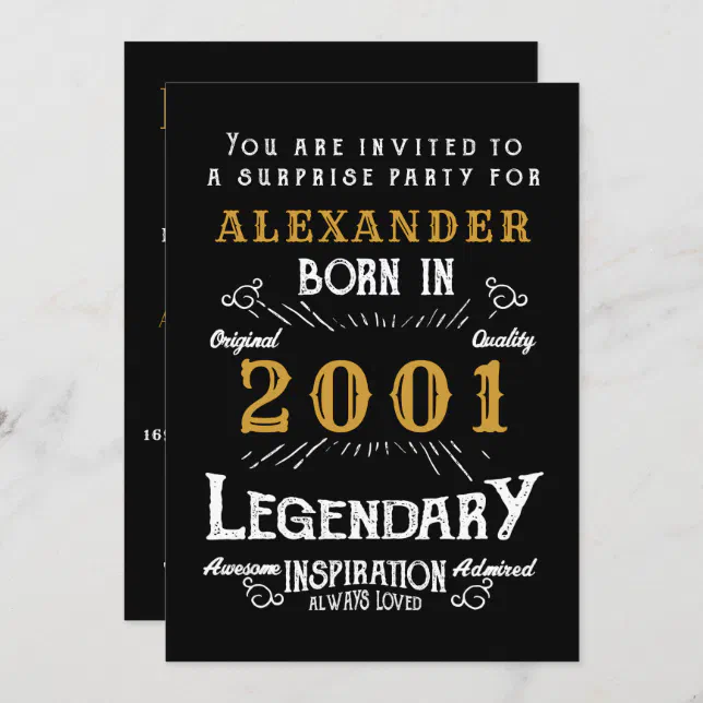 20th Birthday Born 2001 Black Gold Retro Vintage Invitation | Zazzle