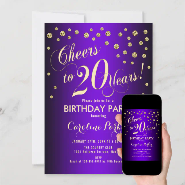 20th Birthday Party - Gold Purple Invitation | Zazzle