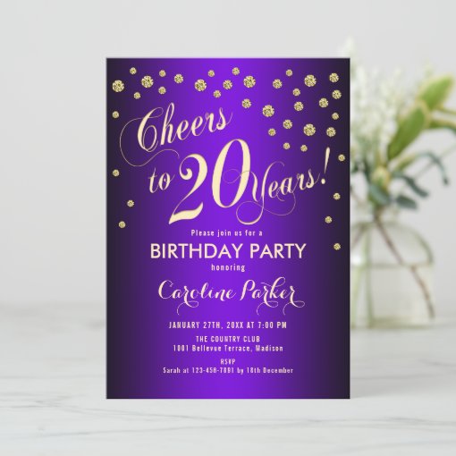 20th Birthday Party - Gold Purple Invitation | Zazzle