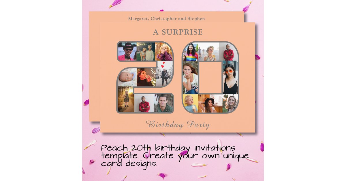 20th Birthday Party Photo Collage Peach Fuzz Invitation | Zazzle