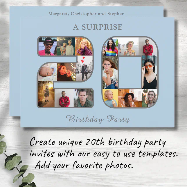 20th Birthday Party Photo Collage Powder Blue Invitation | Zazzle