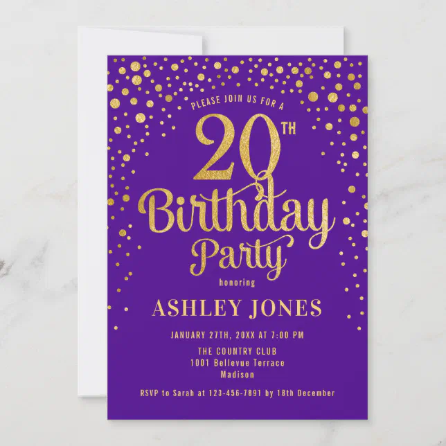 20th Birthday Party - Purple & Gold Invitation | Zazzle