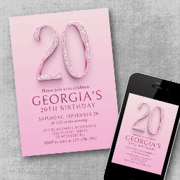 20th Birthday Pink Diamonds Invitation | Zazzle