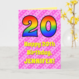 20th Birthday: Pink Stripes & Hearts, Rainbow # 20 Card | Zazzle