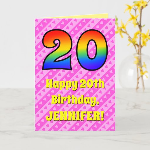 20th Birthday: Pink Stripes & Hearts, Rainbow # 20 Card | Zazzle