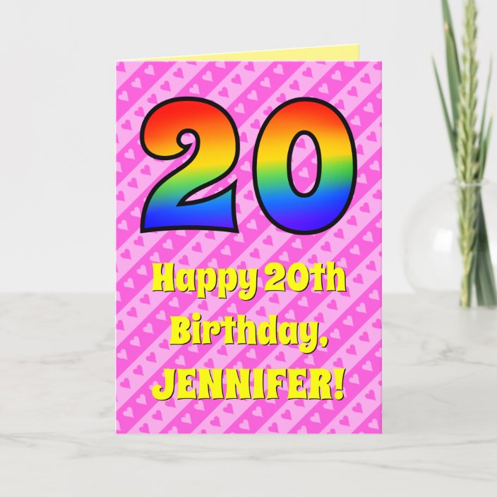20th Birthday: Pink Stripes & Hearts, Rainbow # 20 Card | Zazzle.com