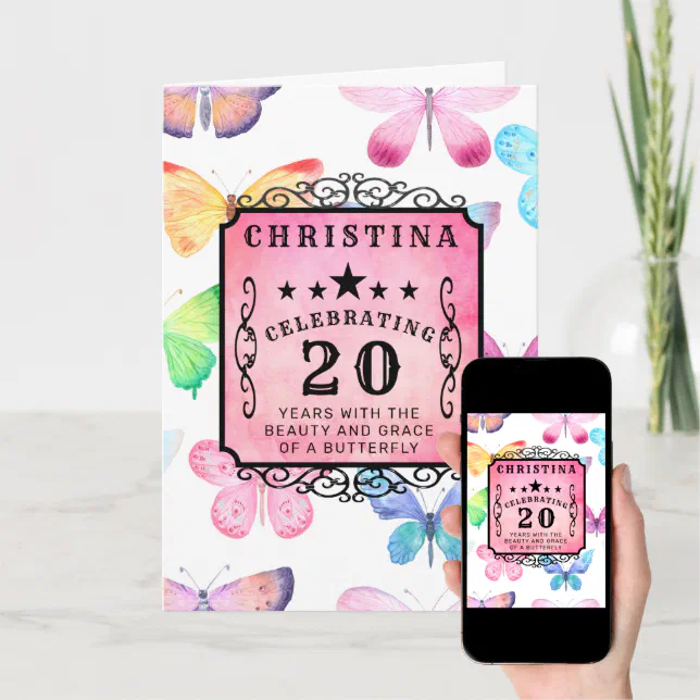 20th Birthday Pink Watercolor Butterfly Greeting Card | Zazzle