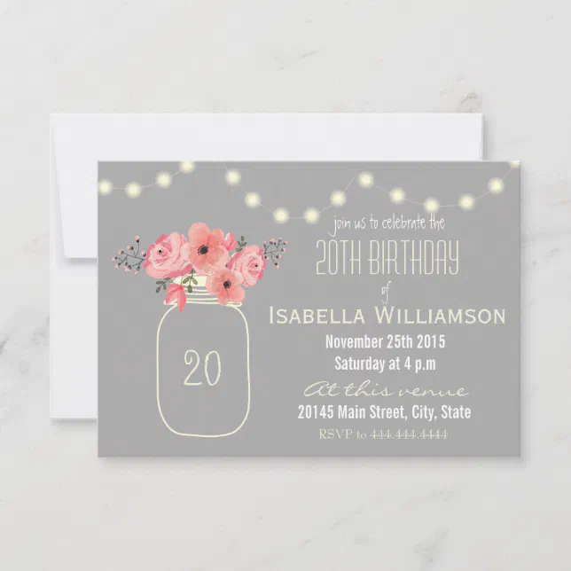 20th Birthday Pink Watercolor Flowers & Mason Jar Invitation | Zazzle