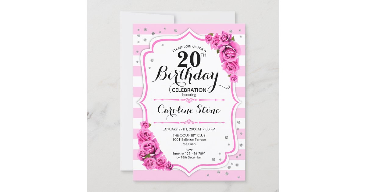 20th Birthday - Pink White Stripes Roses Invitation | Zazzle