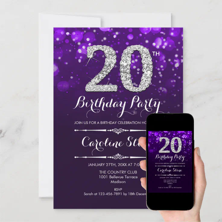 20th Birthday - Purple Silver Invitation | Zazzle