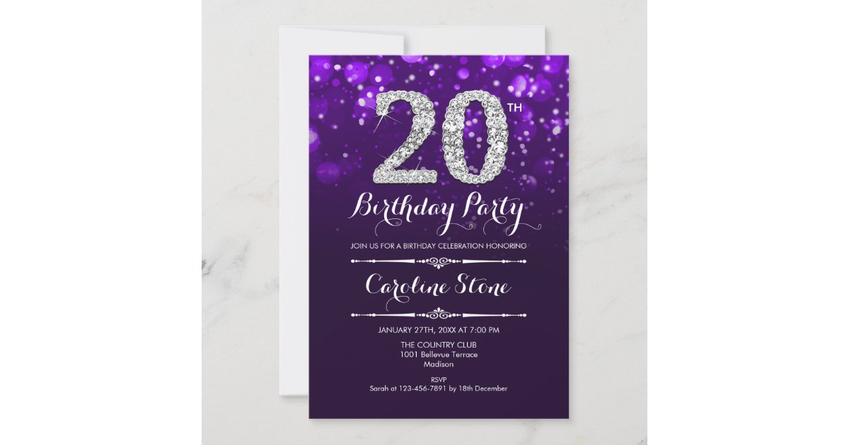 20th Birthday - Purple Silver Invitation | Zazzle