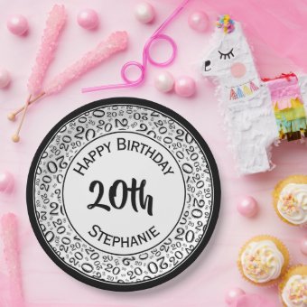 20th Birthday Random Number Pattern 20 Black/White Paper Plates | Zazzle